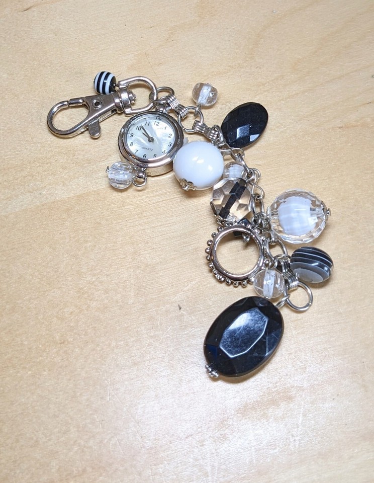 Purse Accessories Key Chain Charms with Clock Black White 6" Handmade ...
