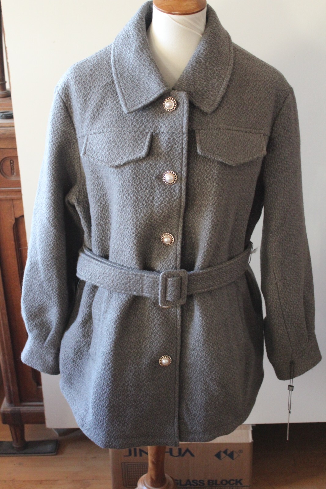 Laundry by Shelli Segal Embellished Button Gray Coat Sz Lg NWT $245 L ...