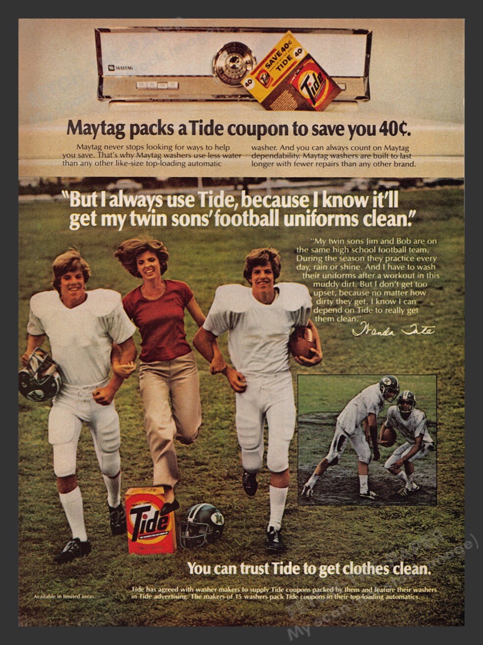 Tide Laundry Detergent Mom & 2 Football Sons 1970s Print Advertisement ...