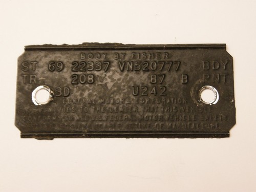 1969 Firebird Body by Fisher Cowl Tag Plate Original Windward Blue ...