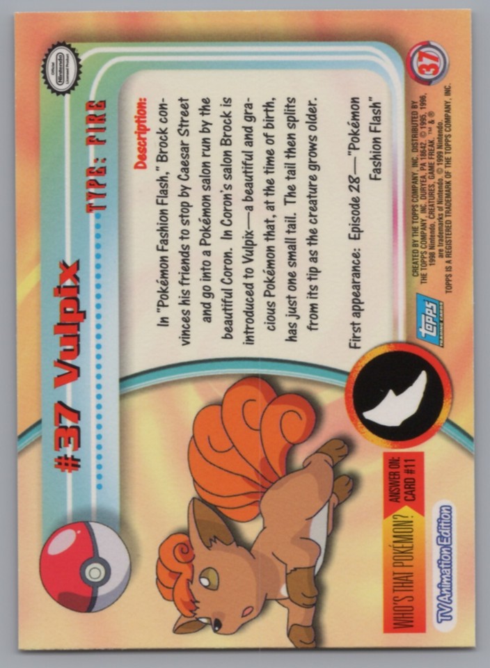 Vulpix Foil TOPPS Series 1 Blue Logo #37 Pokemon Card TCG NM/MINT (Pack ...
