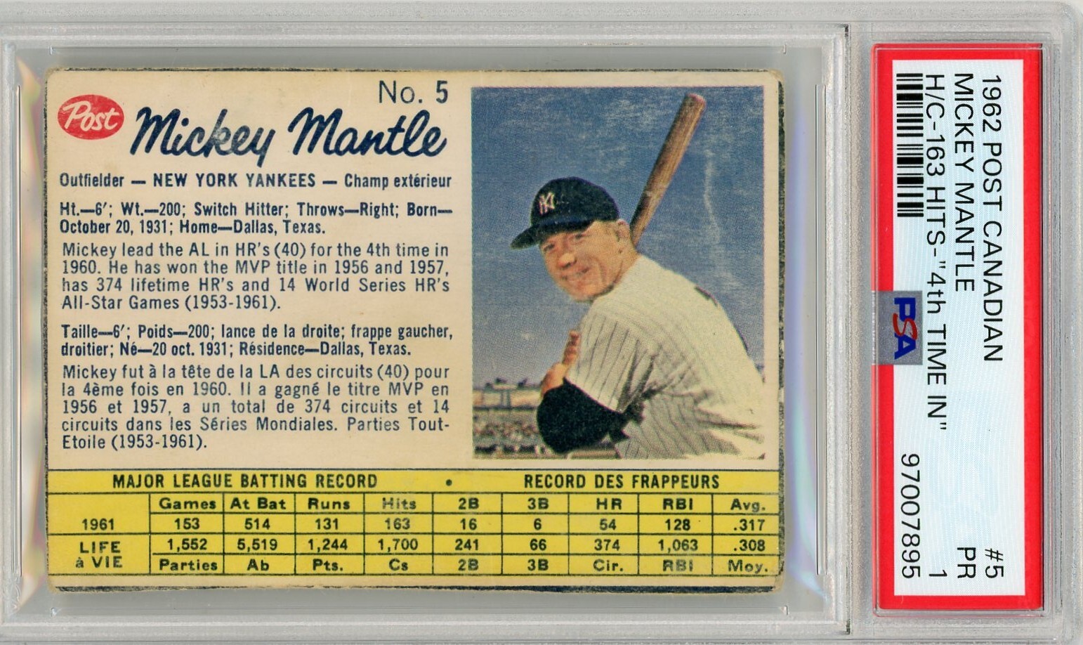 1962 Post Cereal Canadian Mickey Mantle PSA 1 Vintage HOF New York ...