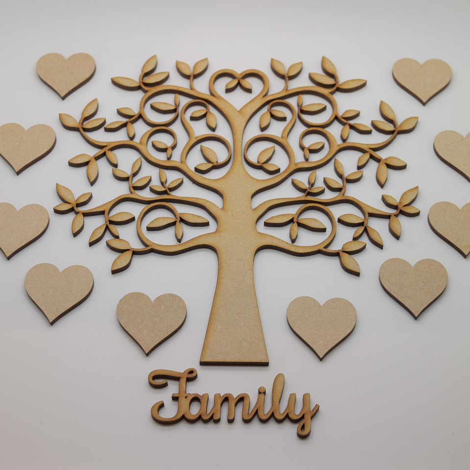 2 x Wooden MDF Tree Set inc. 24 free hearts and 2 x Family word - Craft ...