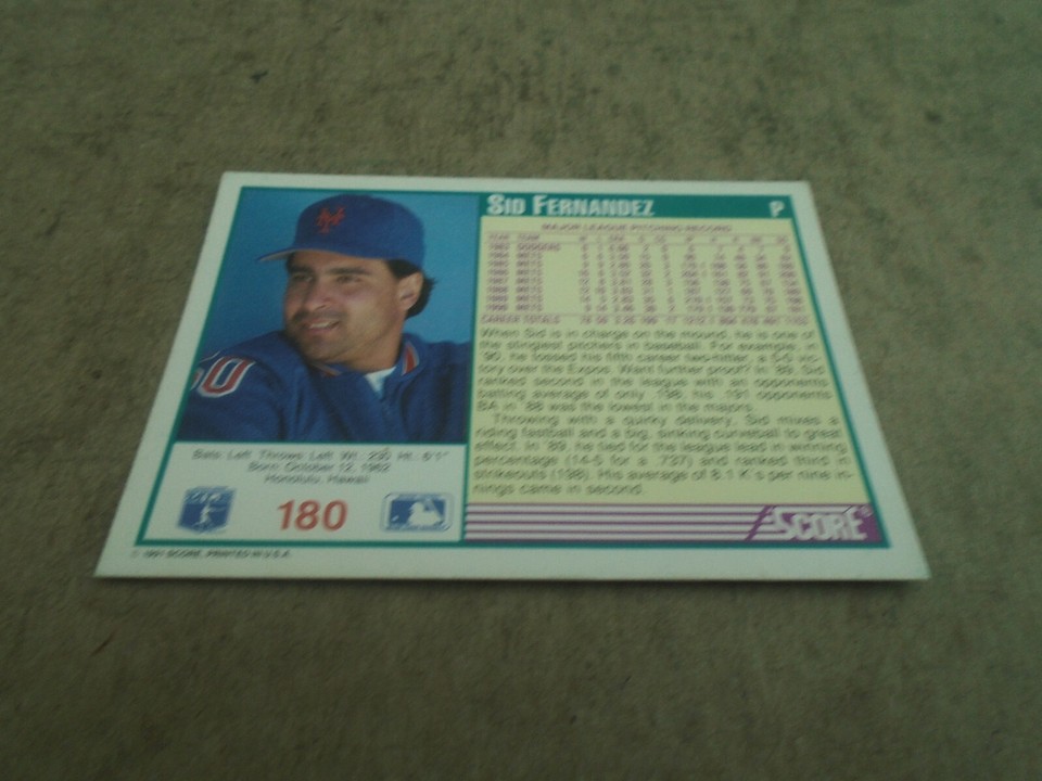 1991 SCORE BASEBALL CARDS NEW YORK METS / 180 SID FERNANDEZ | eBay