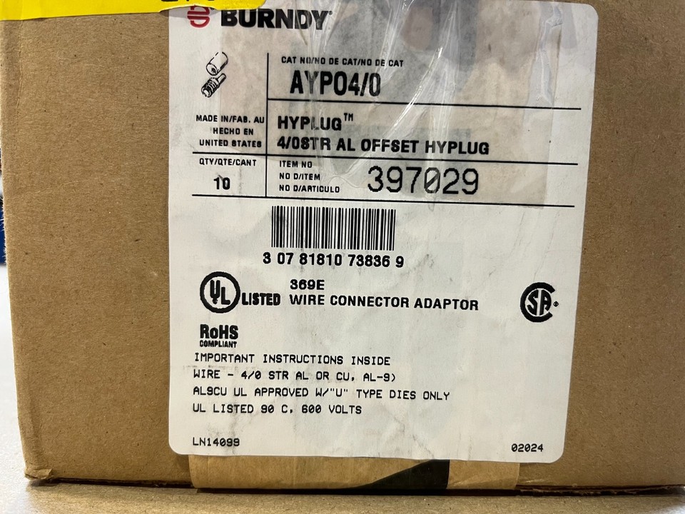 Box of (10) Burndy AYPO4/0 HYPLUG 4/0 KCMIL AL Offset HYPLUG | eBay