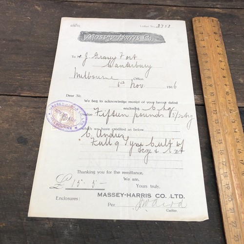 Massey Harris Co Vintage Receipt Circa 1916 | eBay Australia