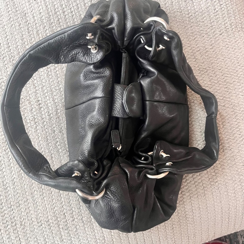 Sequoia Black Leather Buttery Soft Double Handle Shoulder Bag Silver ...