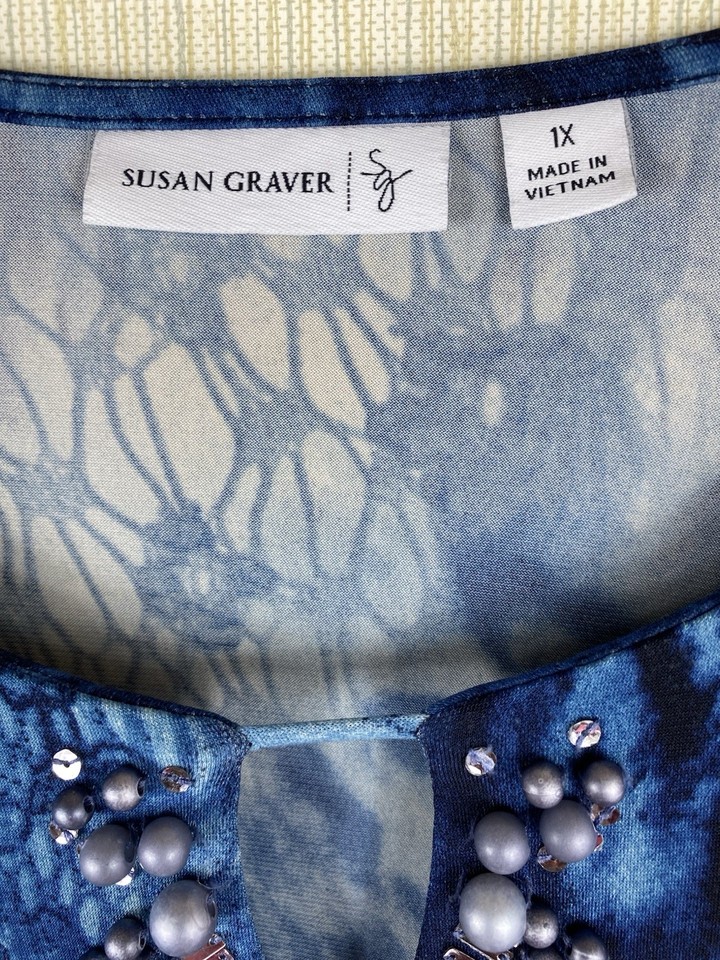 Susan Graver Size 1X Blue Swirl Liquid Knit Stretch Tunic Top Beaded ...