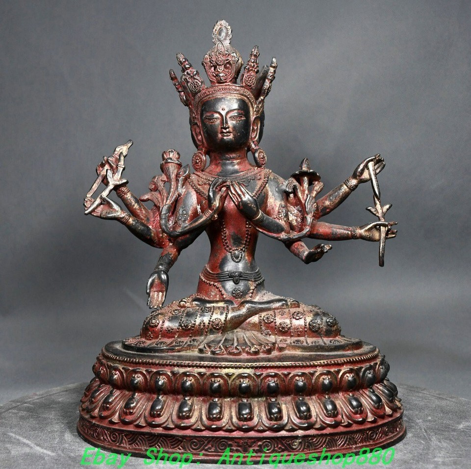 11.8''Old Tibetan Bronze 3 Head 8 Arms Namgyalma Ushnishavijaya Buddha ...