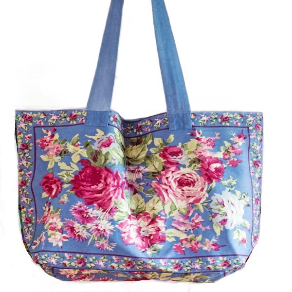 April Cornell Cottage Rose Market Bag Tote Purse 100% Cotton Wedgewood ...