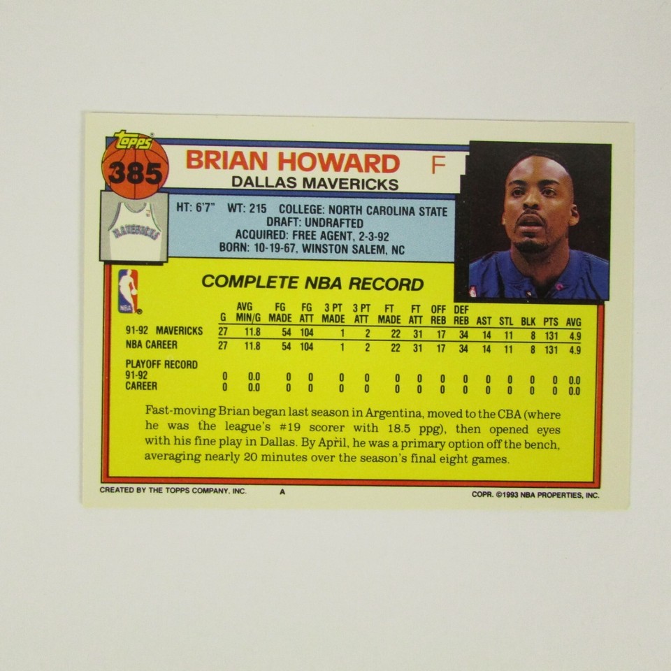 Basketball Brian Howard NBA Card (Dallas Mavericks) 1992-93 Topps #385 ...
