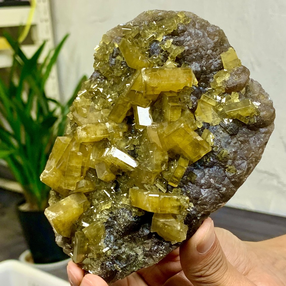 2.09LB Shiny Golden Cuboid Barite Crystal Based on the Purple Spherical ...
