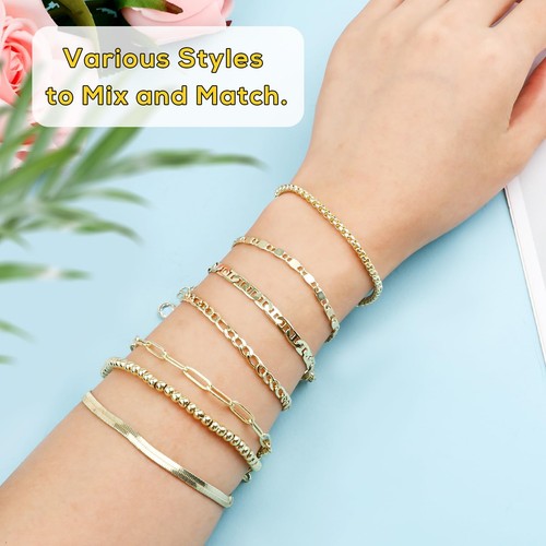 7pcs Gold Chain Stackable Bracelet Set, Adjustable Link Bracelets for Women, 14K | eBay