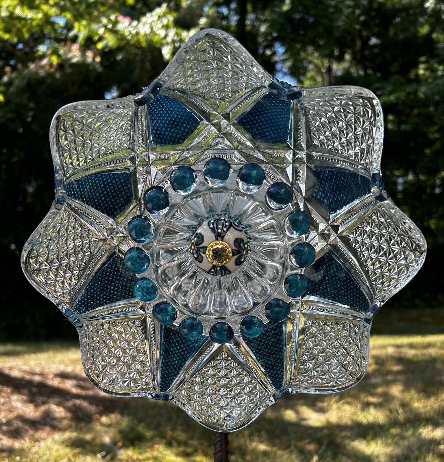 Handpainted Turquoise & Clear Glass Garden Flower Repurposed Suncatcher ...