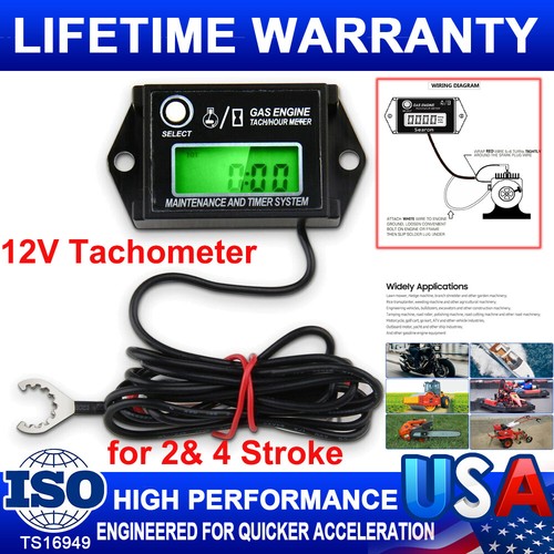 12V Tachometer Tiny Tach/Hour Meter for 2& 4 Stroke Small Engine ...