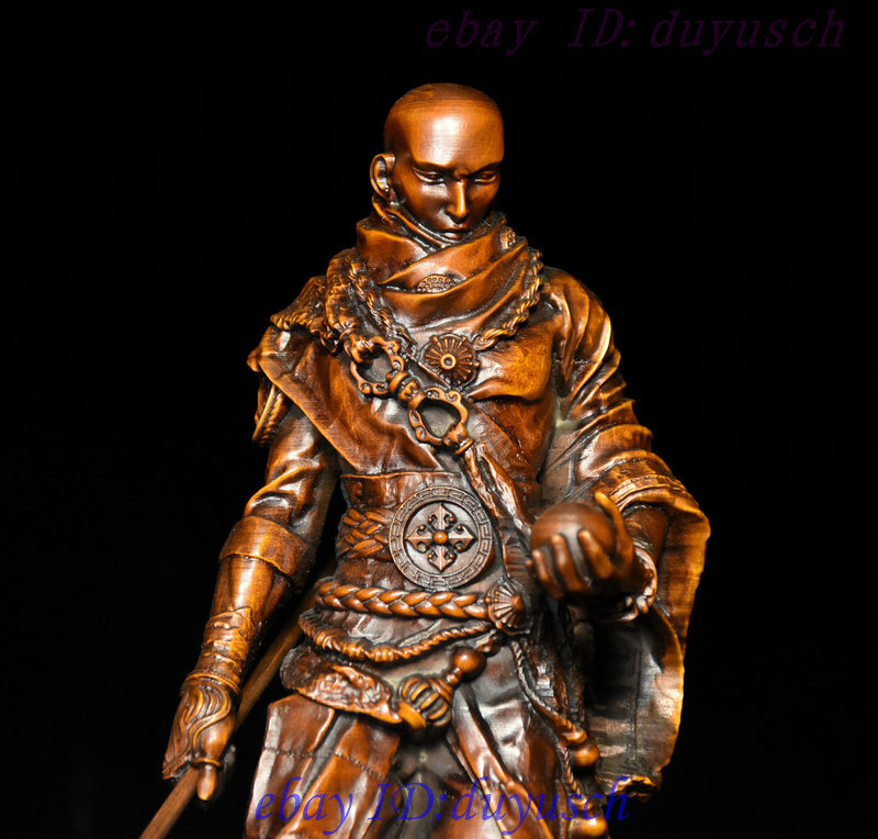 10" Old Chinese Buddhism Boxwood Wood Carving Warrior Monk Arhat Buddha ...