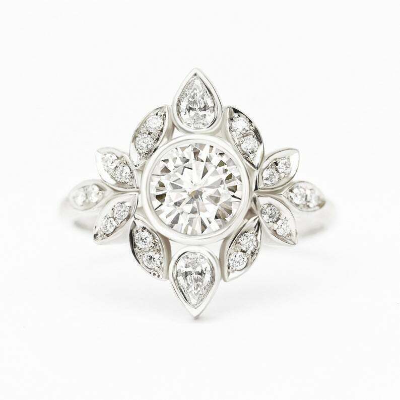3.25ct Round Lab-Created Moissanite Engagement Ring Floral Art Deco ...