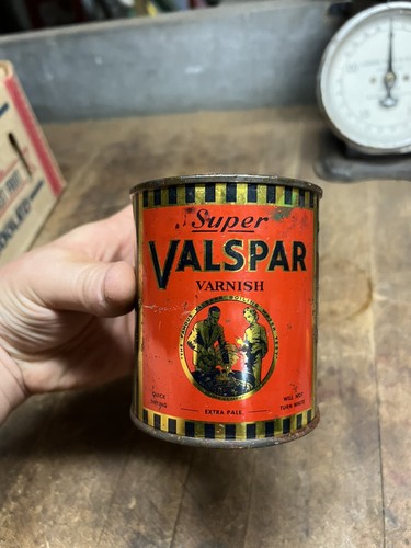 Vintage Old Super Valspar Varnish Paint Boiling Water Graphic Metal Tin ...