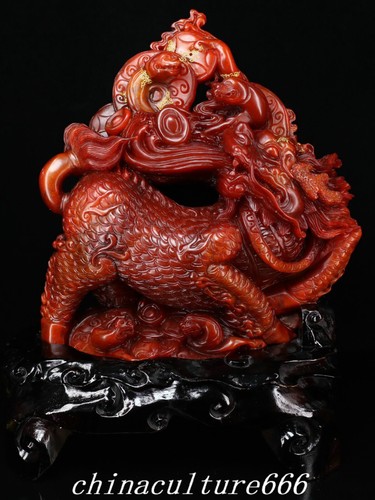 16.5" Natural Red Tianhuang Shoushan Stone Gold Kylin Kirin Chi-Lin ...