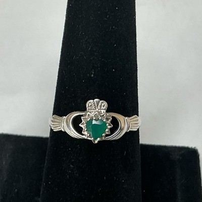 Vintage SOLVAR Ireland Sterling Silver green stone Irish Claddagh Ring ...