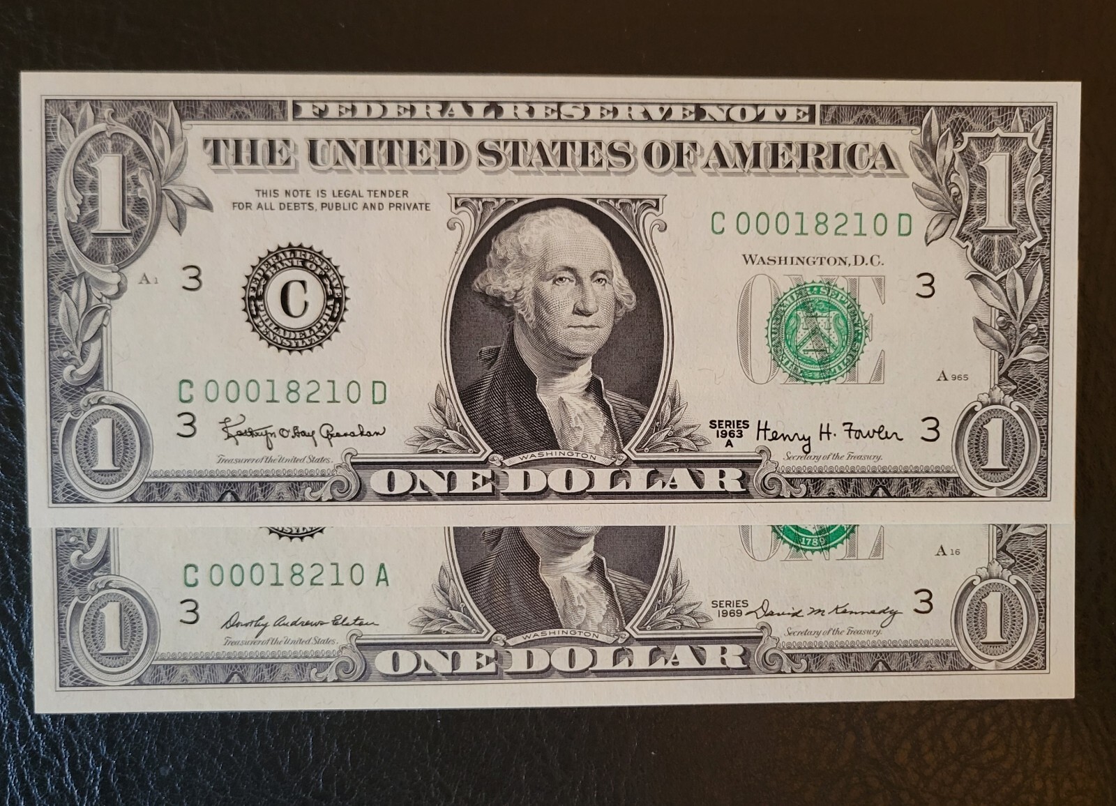 1963A & 1969 $1 Matching Low Serial Number C00018210 Both Philadelphia ...