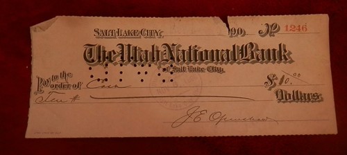 1903 SLC UTAH STATE NATIONAL BANK Check No 1246 22nd WARD Co-op LDS ...