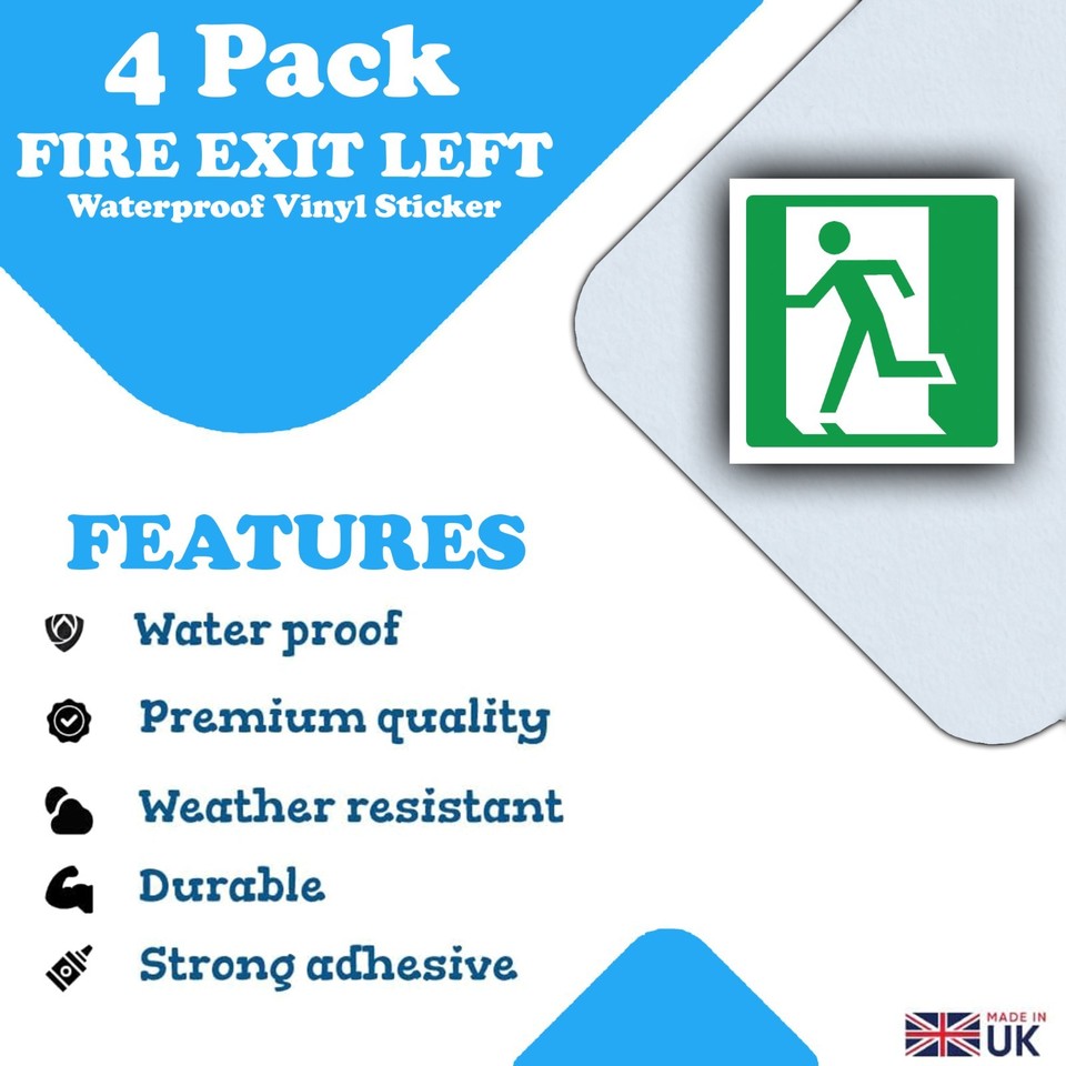 4 Pack - Fire Exit Left Direction Stickers – Waterproof Vinyl Decals ...