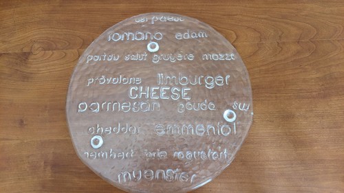 Vintage Round Footed Glass Cheese Plate Embossed Names Gouda Brie Edam ...