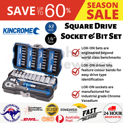 New Kincrome K27000 LOK-ON? Socket & Bit Set 43 Piece 1/4? Square Drive ...