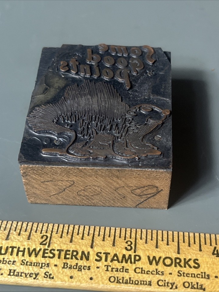 1940s Antique Print Block SOME GOOD POINTS Porcupine COPPER WOOD ...