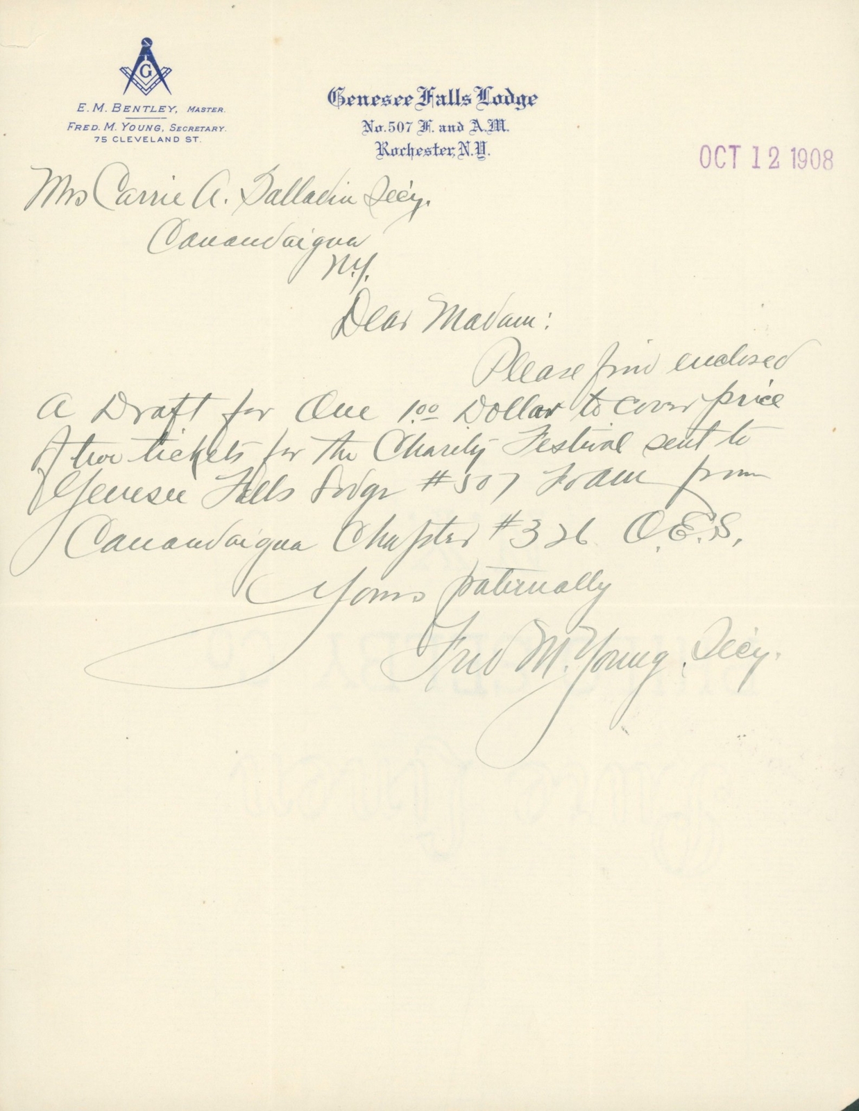 1908 Genesee Falls Masonic Lodge Letterhead Rochester to Canandaigua NY ...