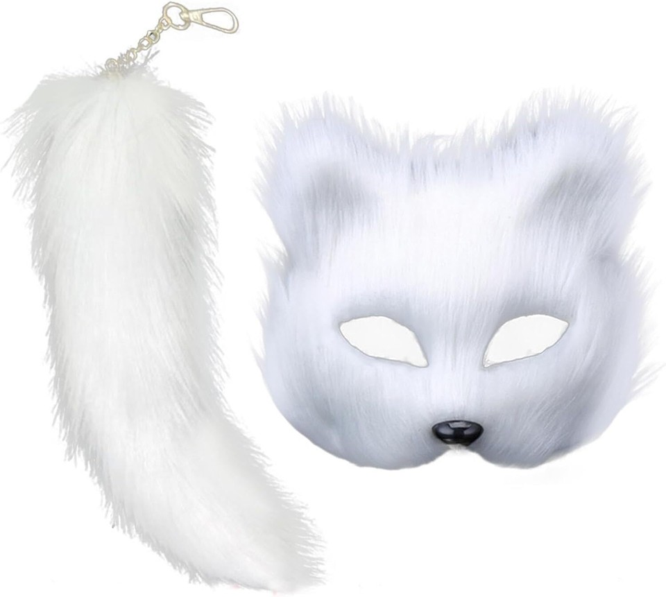 HOT Fluffy Half Face Animal Masquerade Mask And Tail Set Cosplay Animal ...