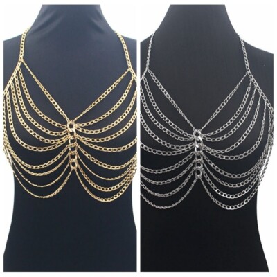 Womens Body Chain Harness Bra Shiny Tassel Gold/Silver Bikini Necklace ...