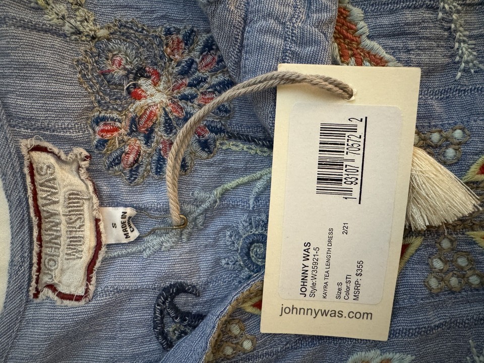 Johnny Was Medium Nya Tiered Knit Embroidered Dress Blue Bohemian Beach ...