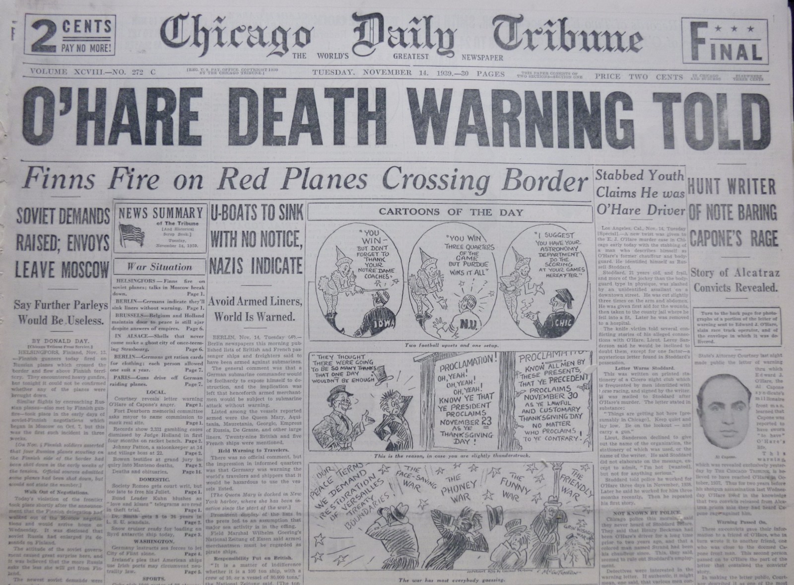 11-1939 WWII November 14 O'HARE DEATH WARNING TOLD. HUNT NOTE OF CAPONE ...