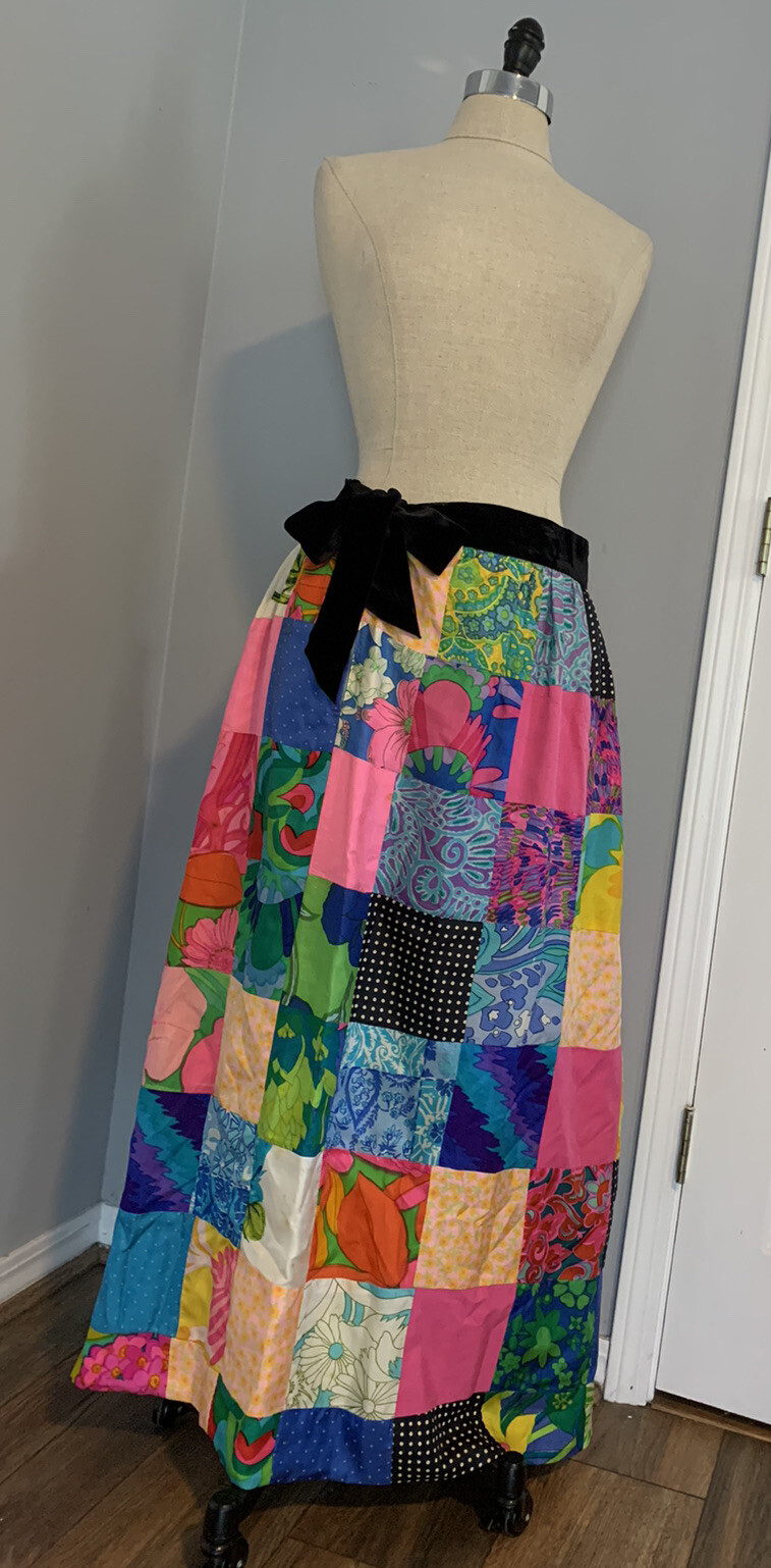 Vintage 60s Silk Scarf Patchwork Folk Maxi Skirt Psyc… - Gem