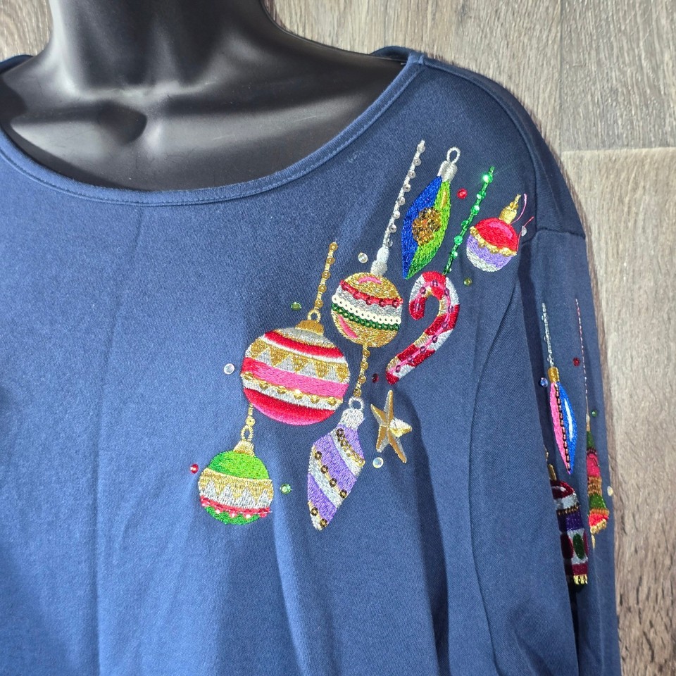 Quacker Factory Womens 2X Christmas Ornament Embroidered Long Sleeve ...