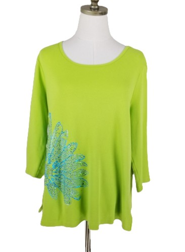 Quacker Factory Knit Top Size L Green Blue Rhinestone Flower 3/4 Sleeve ...