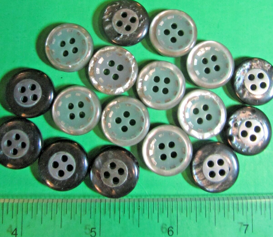 (17) VINTAGE 3/4" BLUE GRAY GLASS METAL BACK 4-HOLE CRAFT BUTTONS-K235 ...