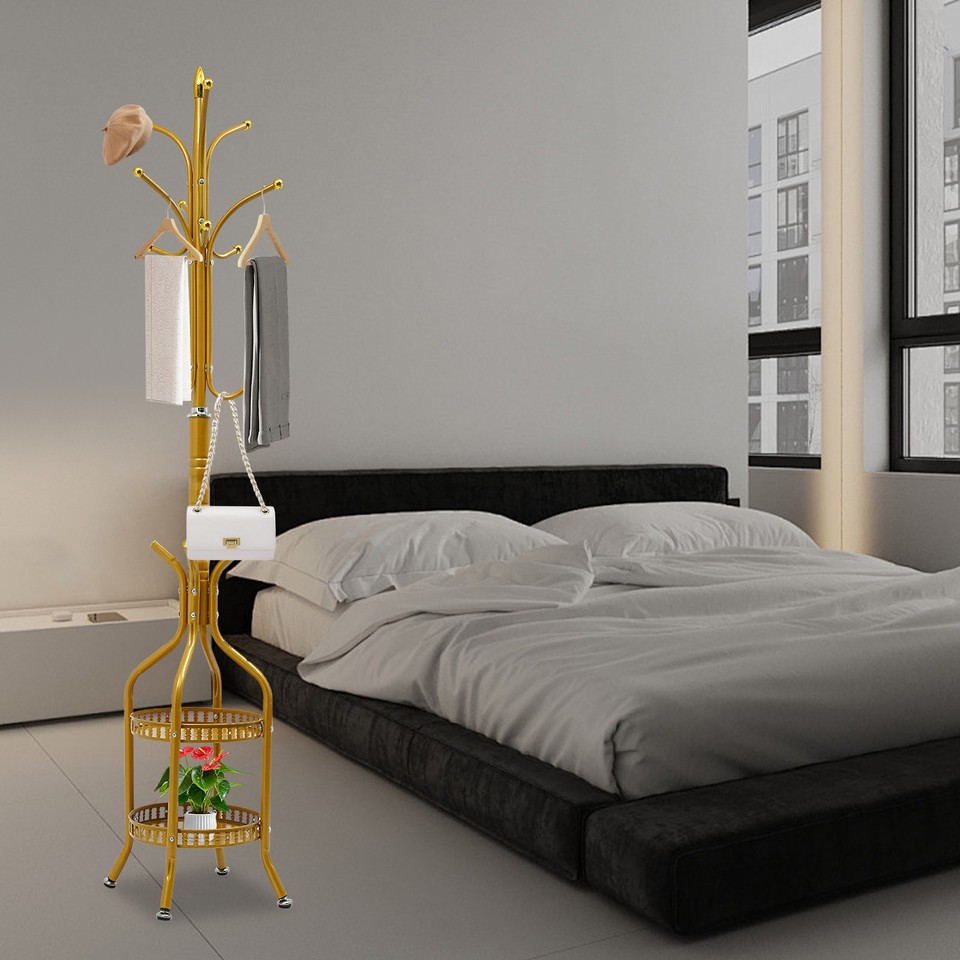 Modern Metal Coat Rack w/Storage Basket Hat Coat Hanger Stand Bedroom ...