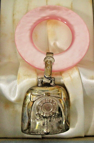 VTG MINT IN BOX STERLING SILVER PINK BABY RATTLE TEETHING RING NO MONO ...