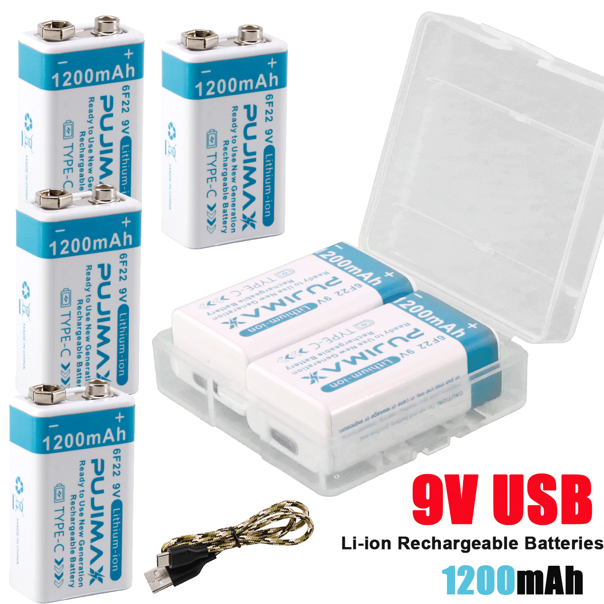 9V 6F22 USB Lithium ion Battery 1200mAh 9 Volt Li-ion Rechargeable ...
