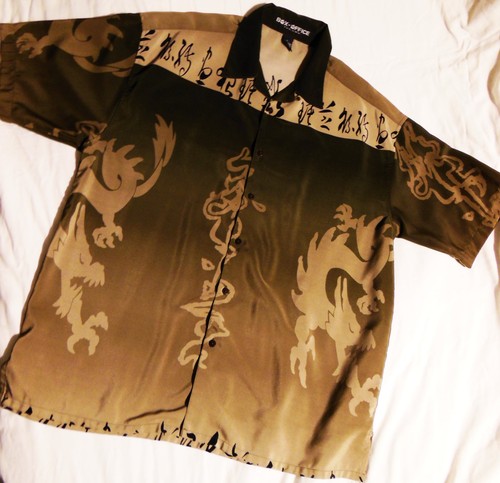 VTG JAPANESE DRAGON Satiny Box Office Island Short Sleeve Button Down ...