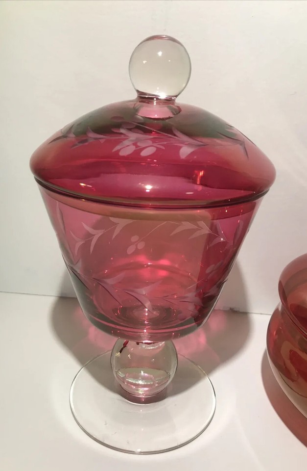 Vintage 1960s Cranberry & Ruby Flash Glass Etched Footed Apothecary & Candy Jars | eBay
