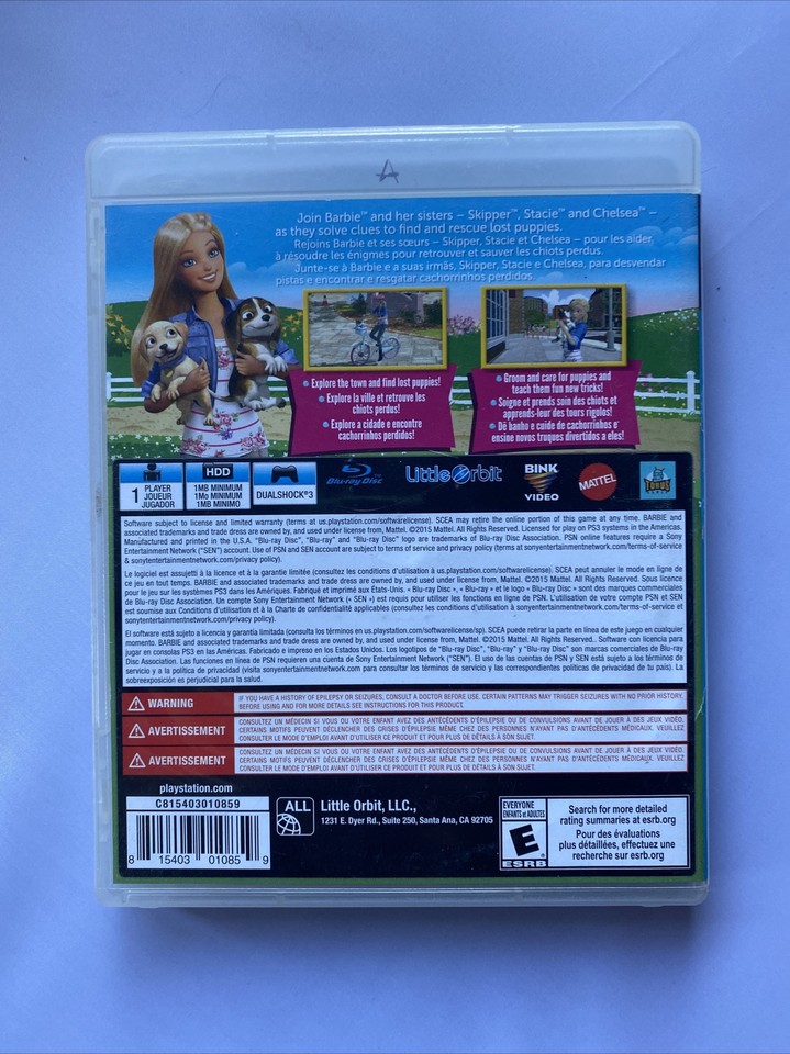 Barbie & Her Sisters Puppy Rescue (Sony Playstation 3 PS3) Complete Cib ...
