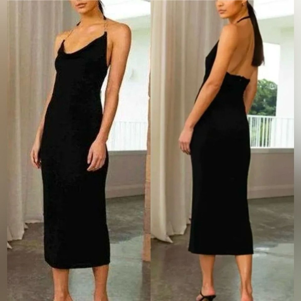 NWOT Misha Deana Gold Chain Cowl Neck Midi Jersey Halter Dress Black sz ...