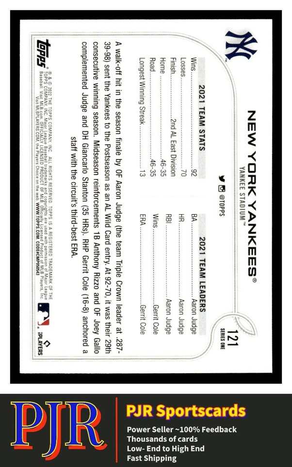 2022 Topps Gold Star #121 New York Yankees TC New York Yankees Buy 4 ...