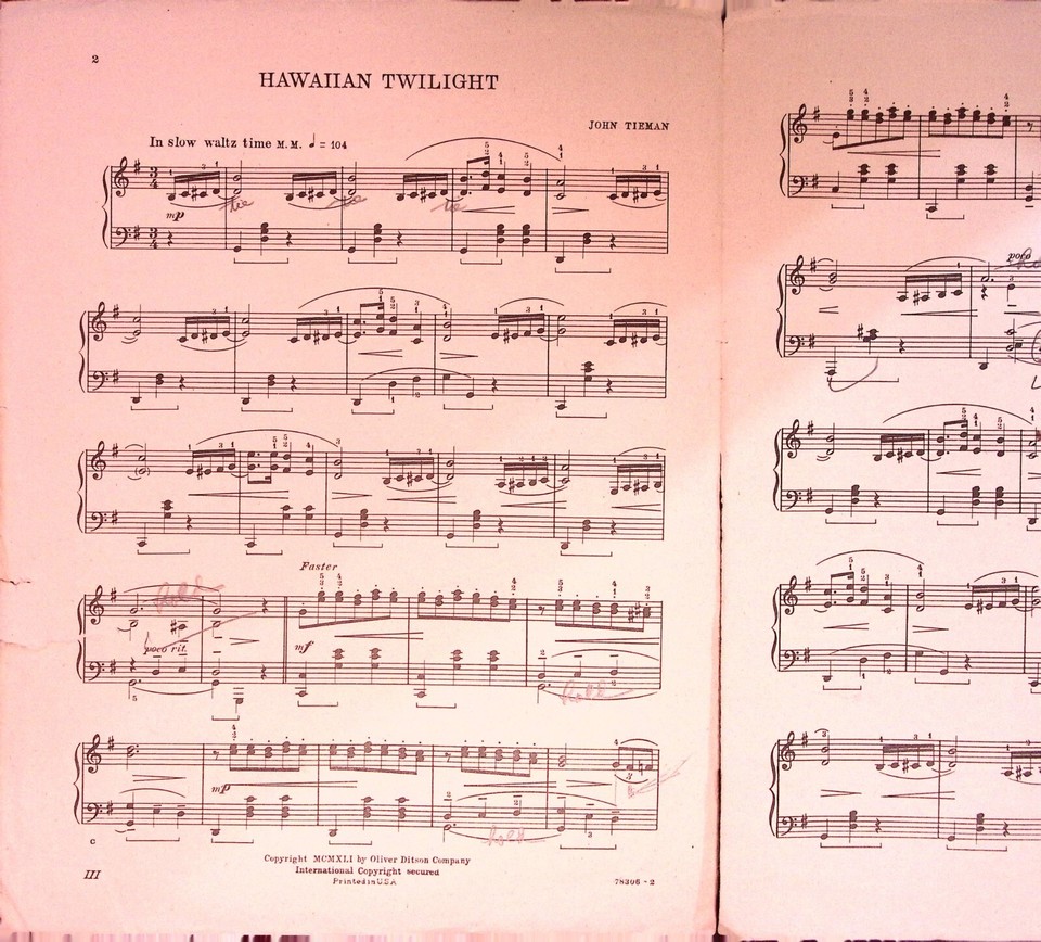 Hawaiian Twilight, For Piano By John Tieman, 1941 Vintage Sheet Music ...