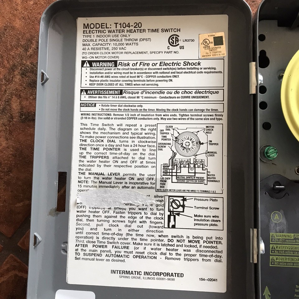 INTERMATIC T104-20 Electric Water Heater Time Switch for parts not working | eBay