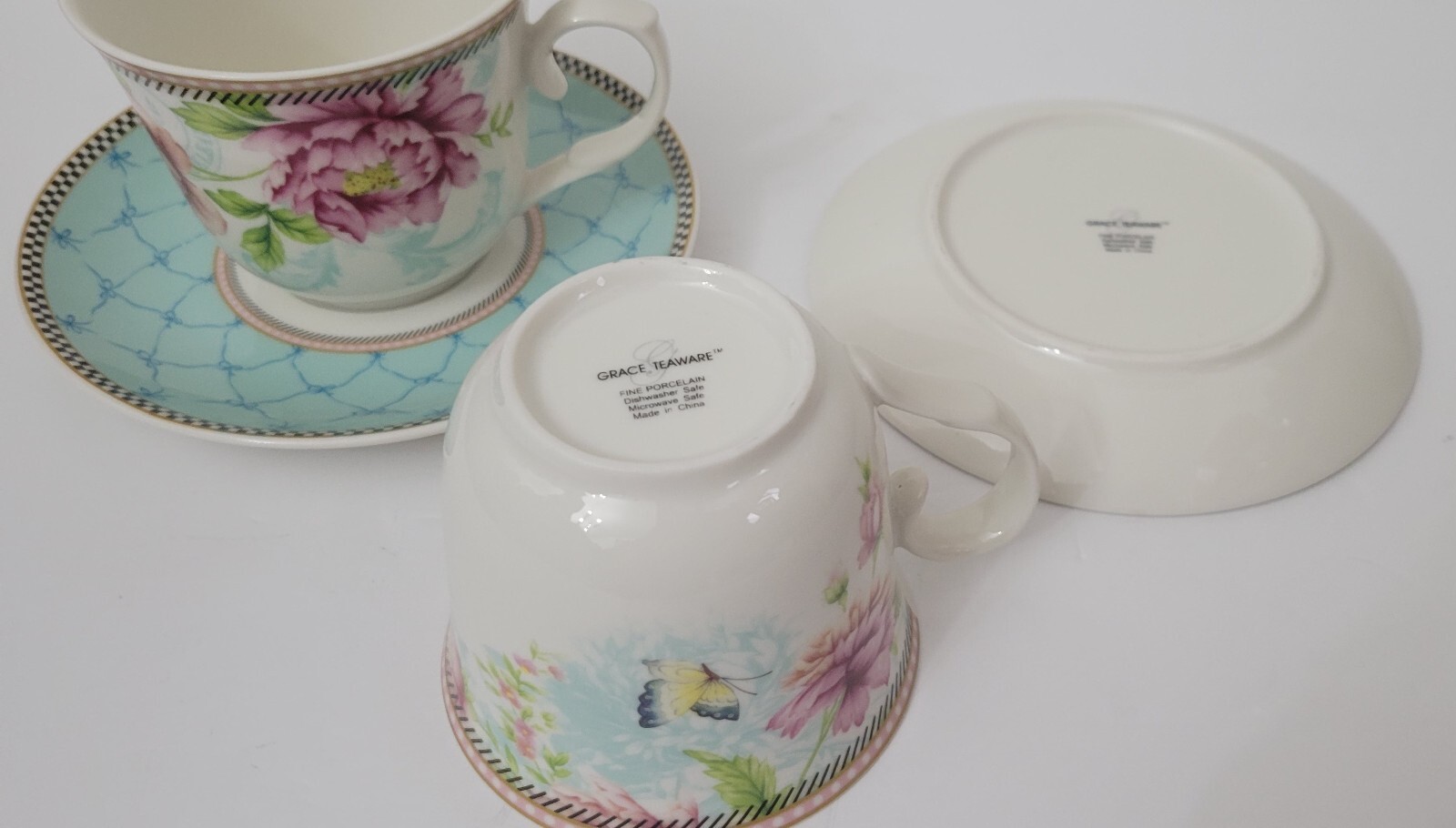 GRACE TEAWARE Tea Cup & Saucer Set Pink Peony Flower Floral, Set Of 2 ...